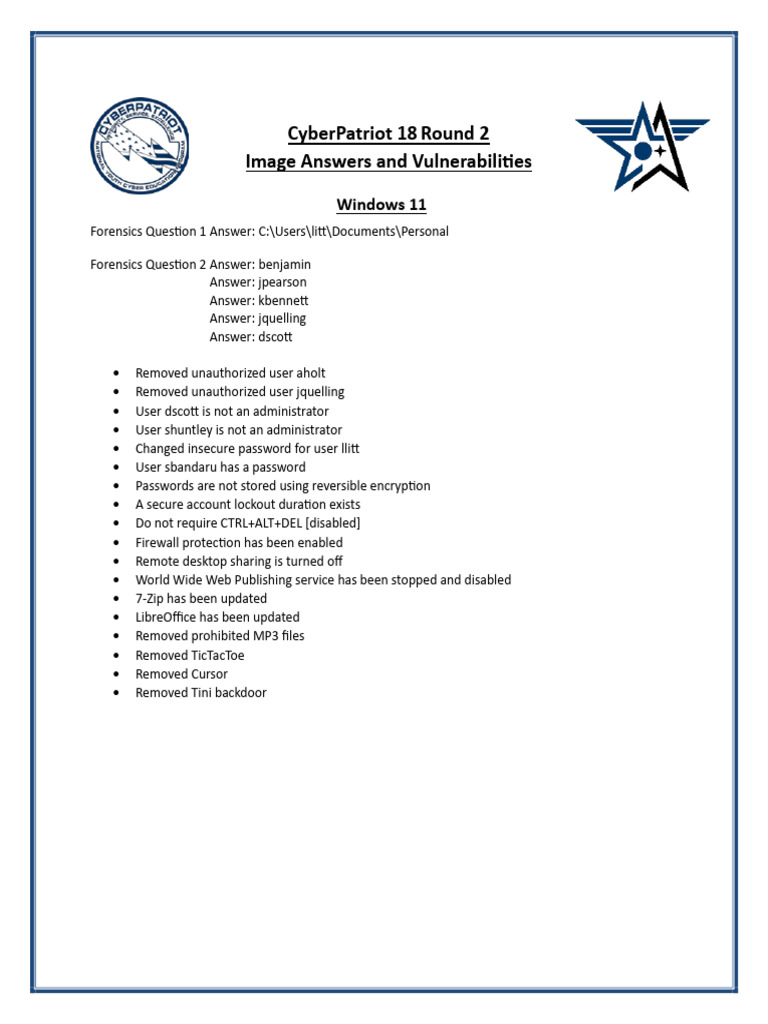 CyberPatriot 18 Round 2 Vulnerability Report | PDF | Malware | Security