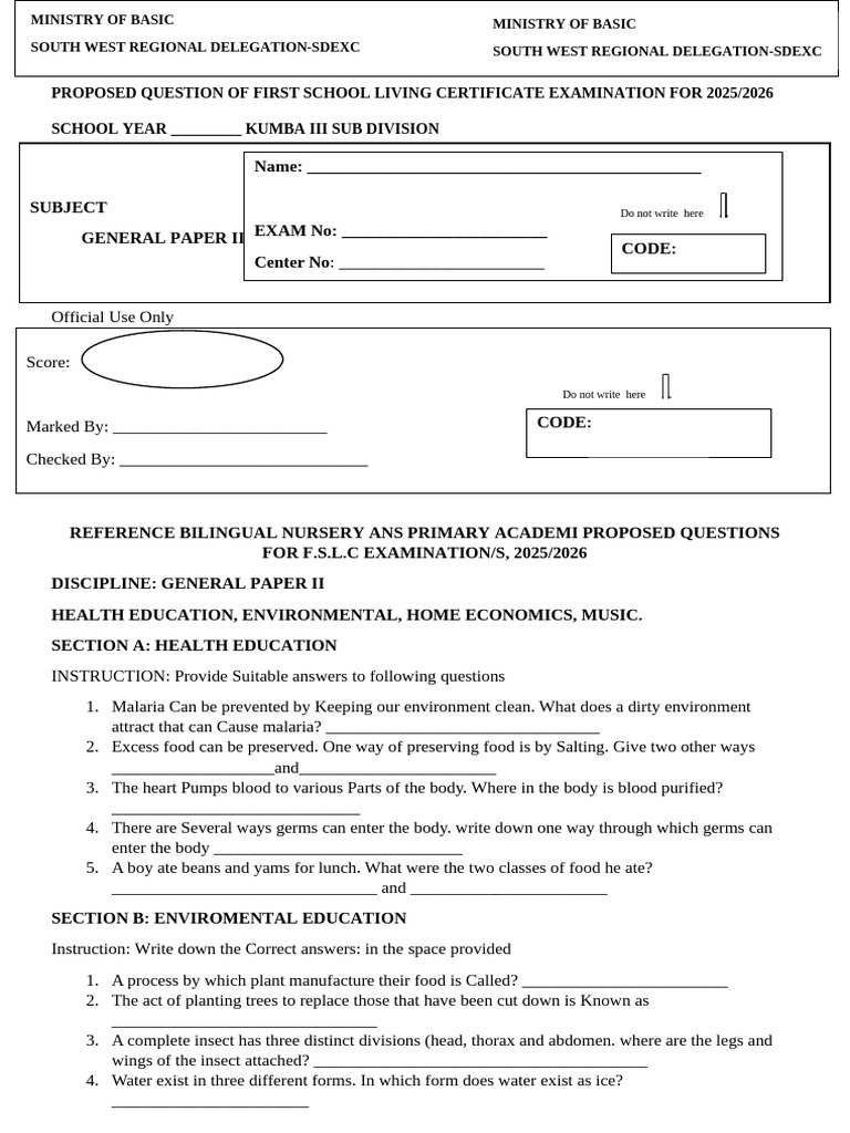 General Paper II For First School Living Certificate | PDF