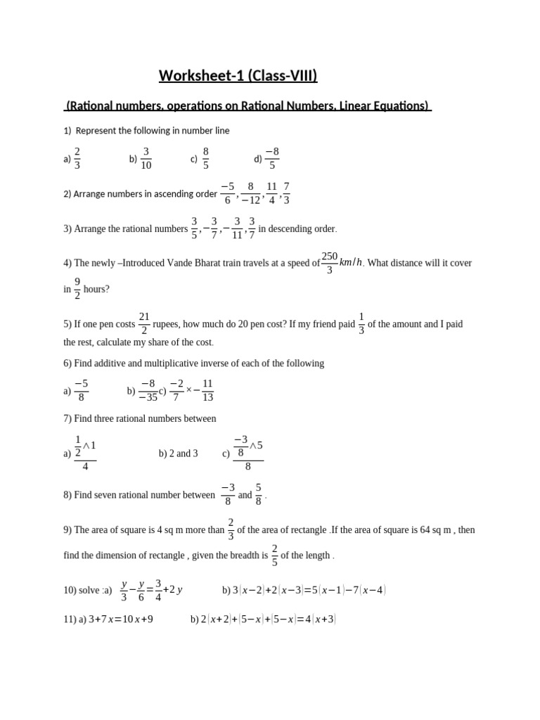 Class VIII Rational Numbers Worksheet | PDF | Mathematics | Euclidean ...