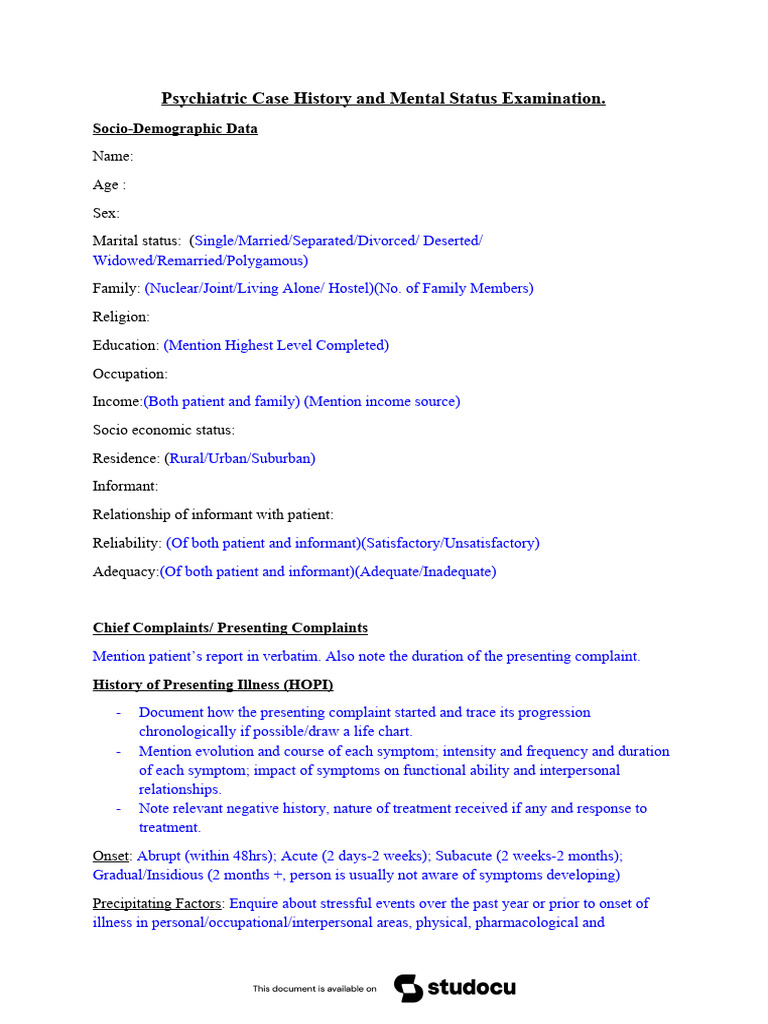 Psychiatric Case History and Mental Status Examination | PDF ...