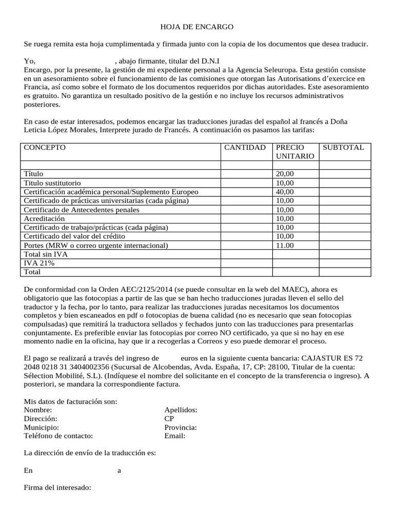 Hoja de Encargo para Traducciones Juradas | PDF