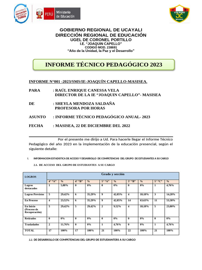 Informe Técnico Pedagógico 2023- Sheyla Mendoza | PDF | Evaluación ...