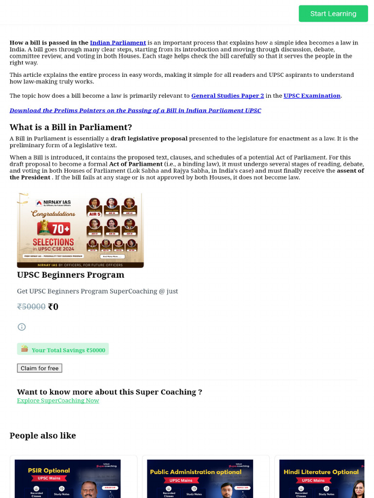 How a Bill is Passed in Indian Parliament, Steps & Procedure, UPSC ...