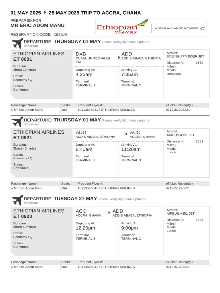 Accra Trip Itinerary for Eric Manu | PDF | Aircraft | Aviation