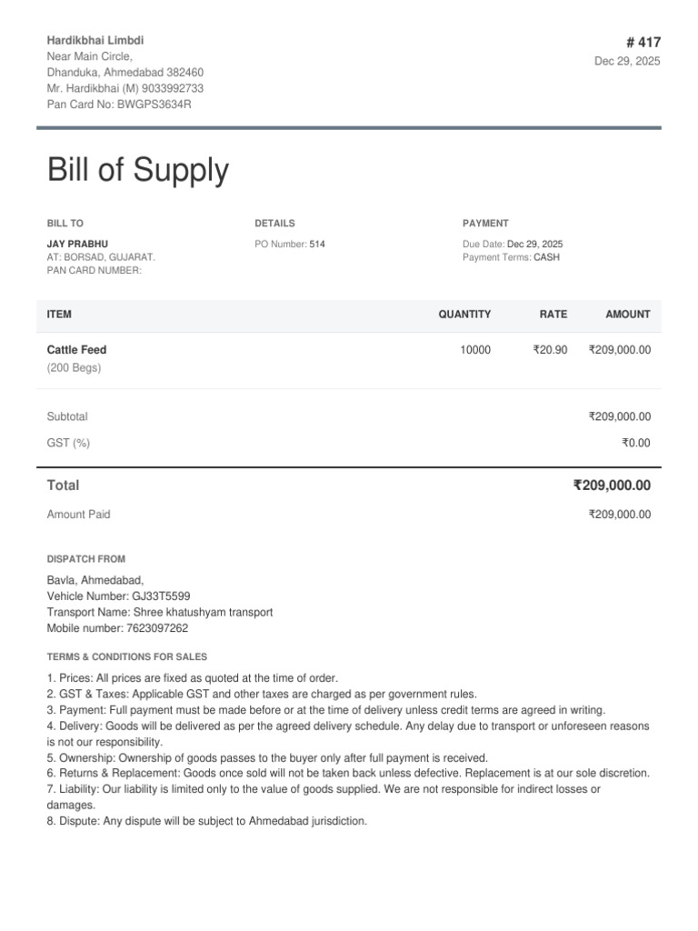 Cattle Feed Bill of Supply Invoice | PDF