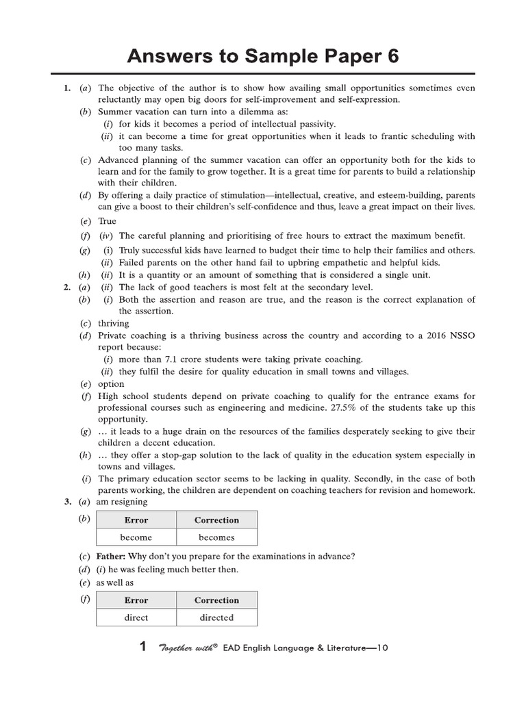 Cbse Cl10 Ead English LLR 2026 Edition Ans To SP 6-1 | PDF
