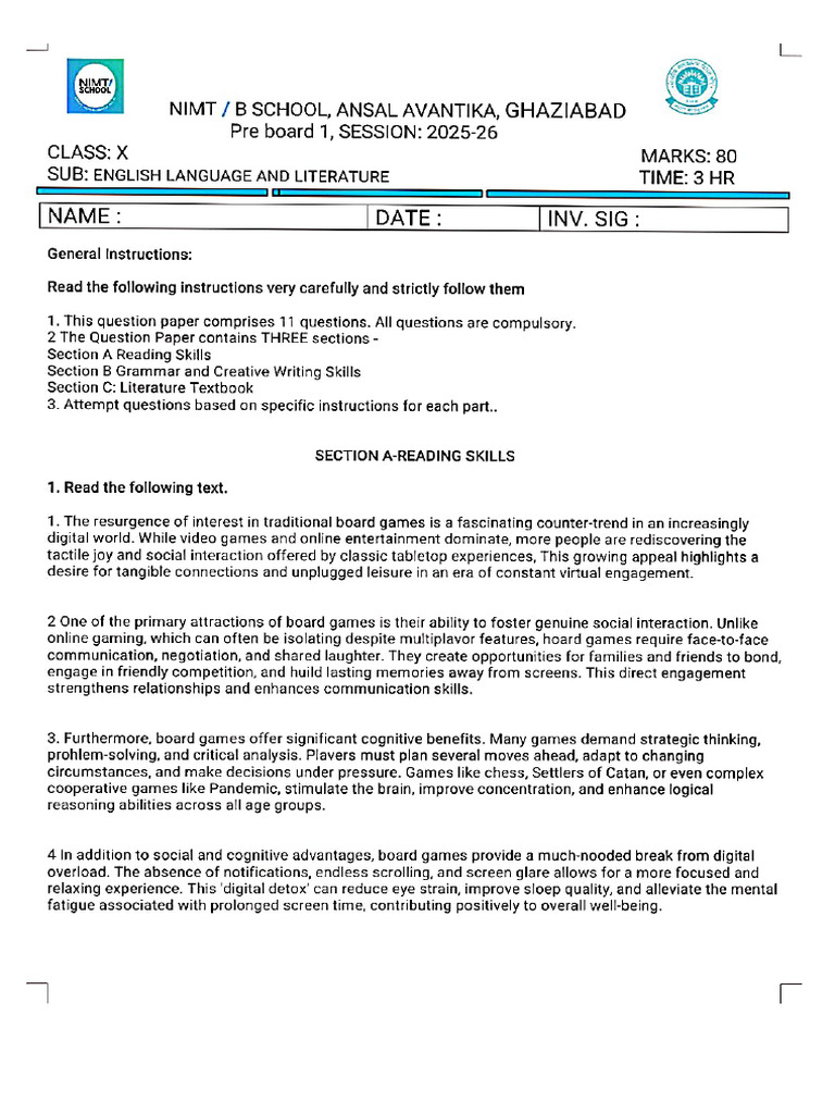 Class 10th Pre Board Set 1 | PDF