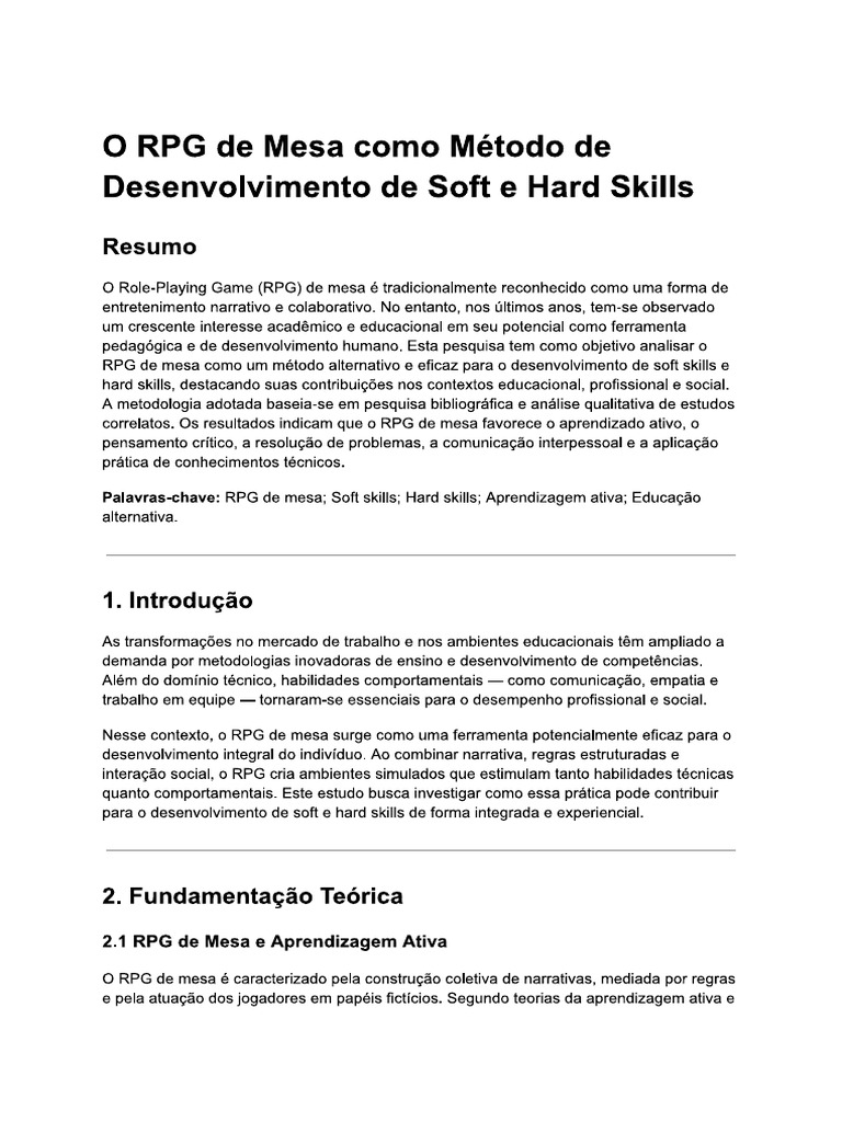 O RPG de Mesa Como Método de Desenvolvimento de Soft e Hard Skills | PDF