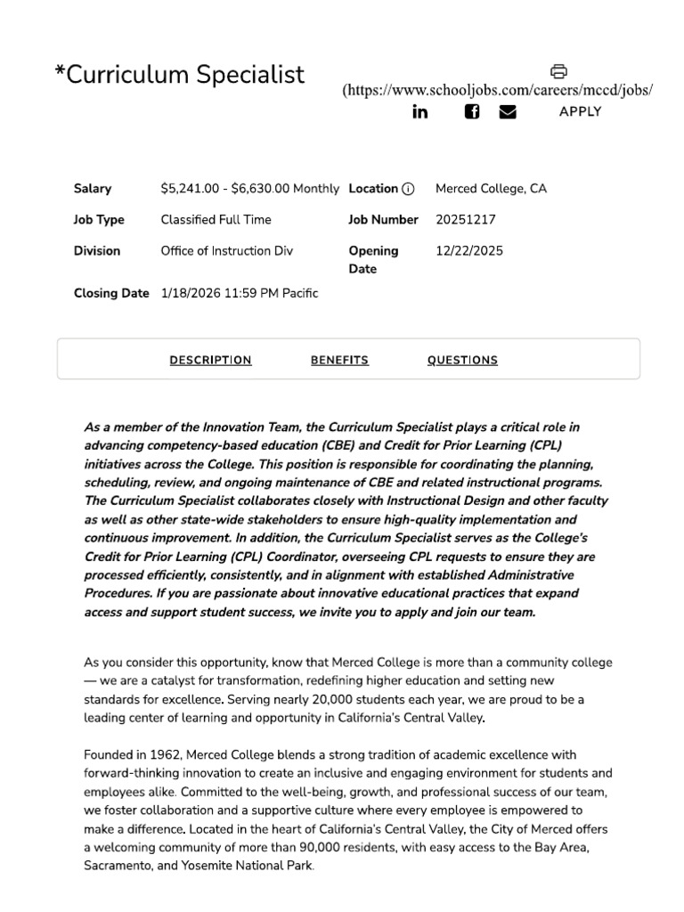 Curriculum Specialist - Job Description | PDF