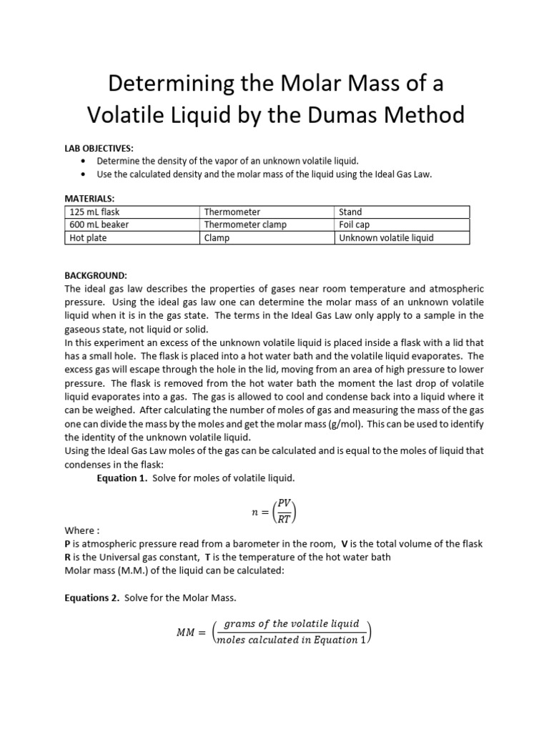 Molar Mass of Volatile Liquid Lab | PDF | Gases | Liquids