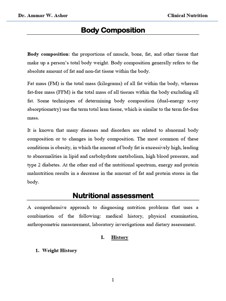 Body Composition, Nutritional Assessment and Planning a Healthy Diet ...
