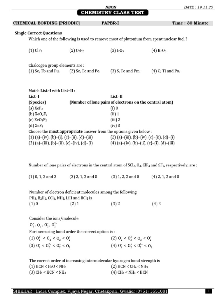 Chemistry Class Test: Chemical Bonding | PDF | Chemical Bond | Chemistry