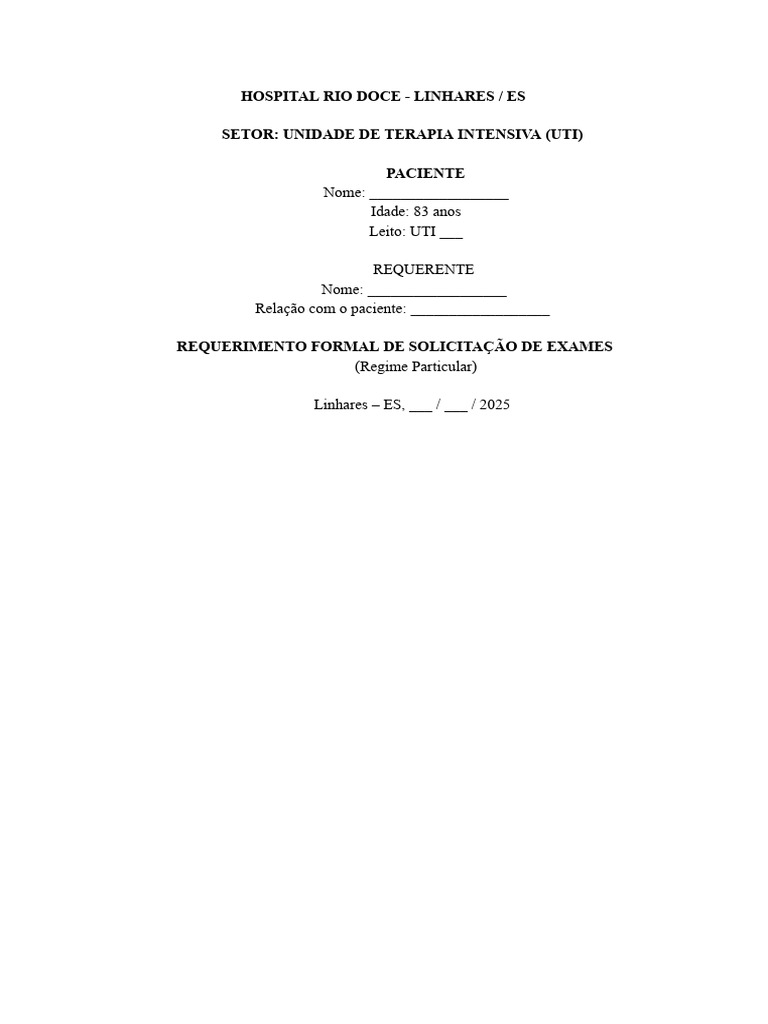 Solicitação de Exames UTI Hospital Rio Doce | PDF
