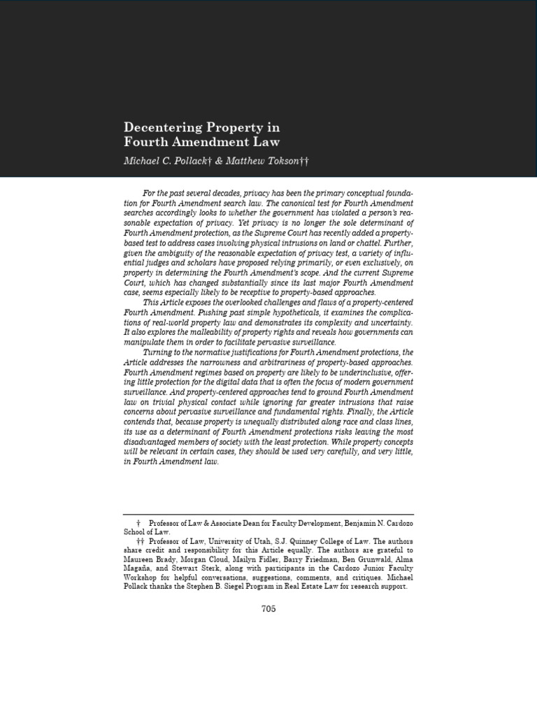 Decentering Property in Fourth Amendment Law - Michael C. Pollack ...