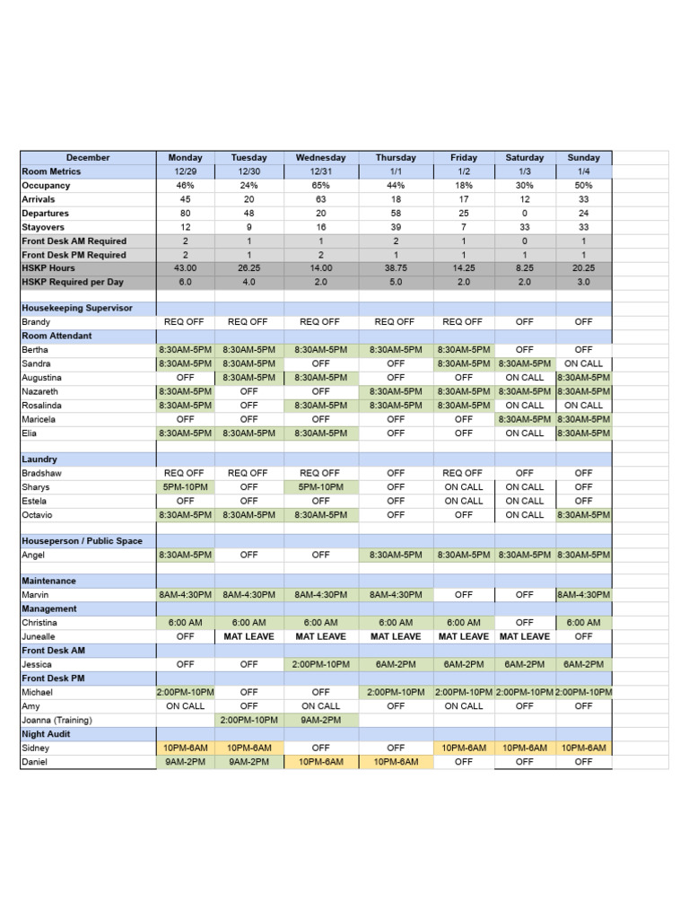 December Room and Staff Schedule | PDF