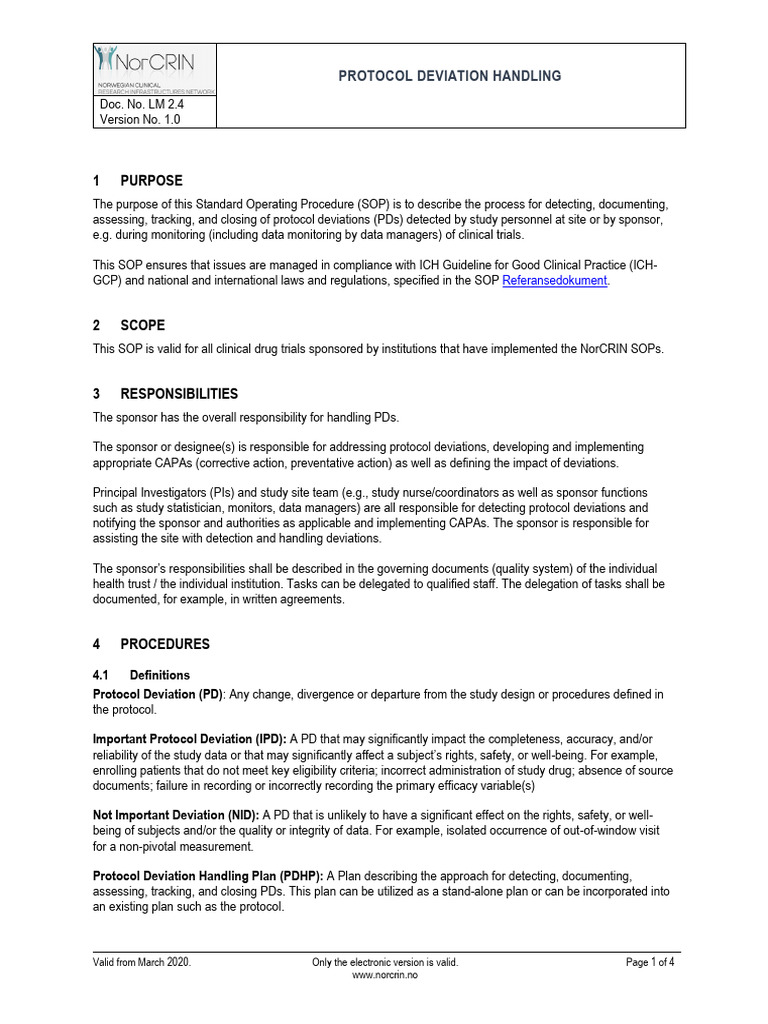 Protocol Deviation Handling SOP Guide | PDF | Clinical Trial