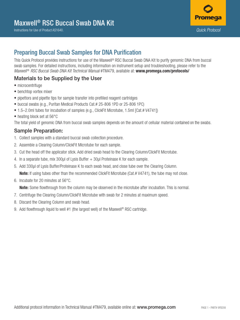 FB208 Maxwell RSC Buccal Swab DNA Kit Quick Protocol | PDF | Laboratory ...