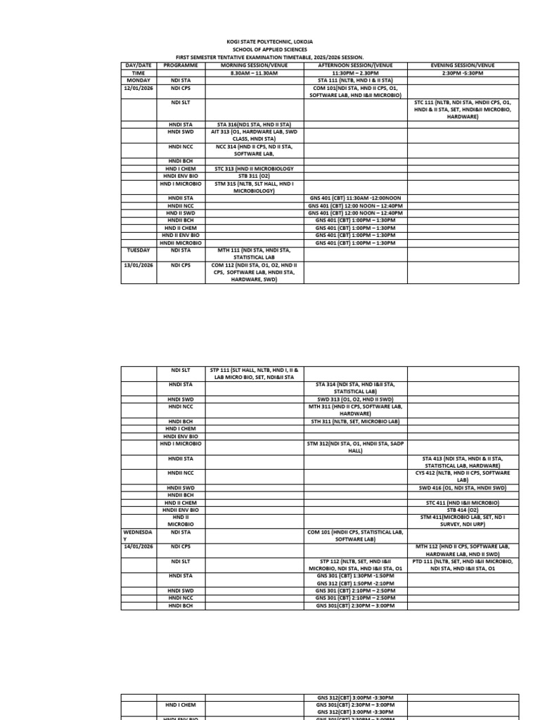 Kogi State Polytechnic Exam Timetable 2025 | PDF