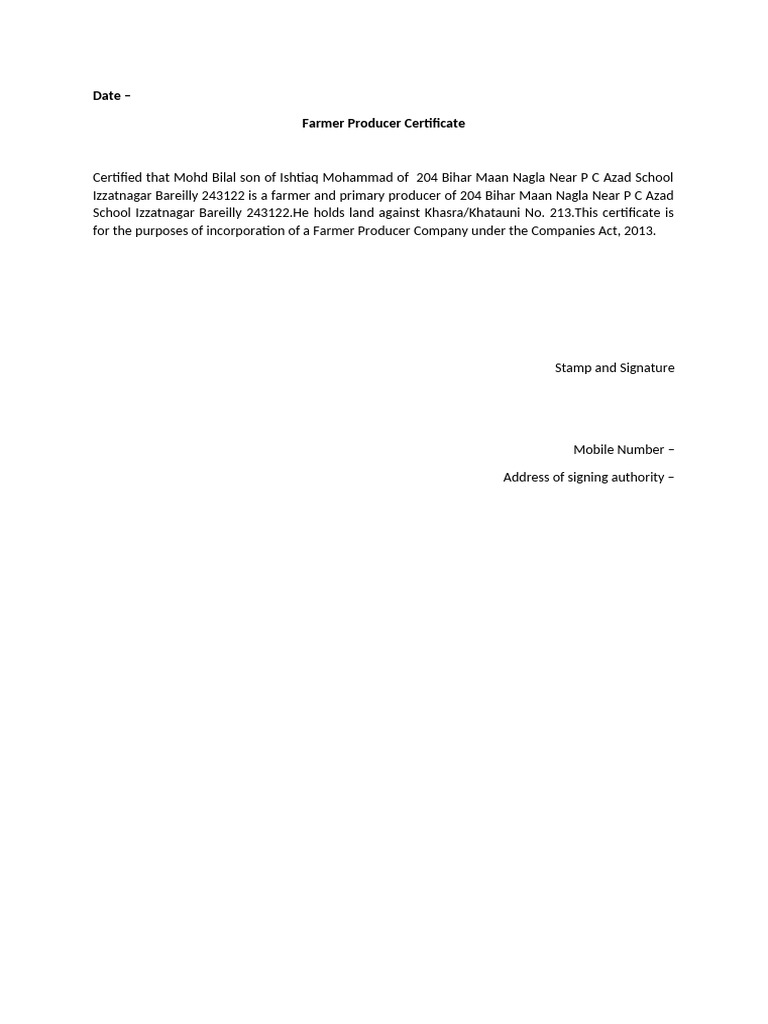 Farmer Producer Certificate for Mohd Bilal | PDF