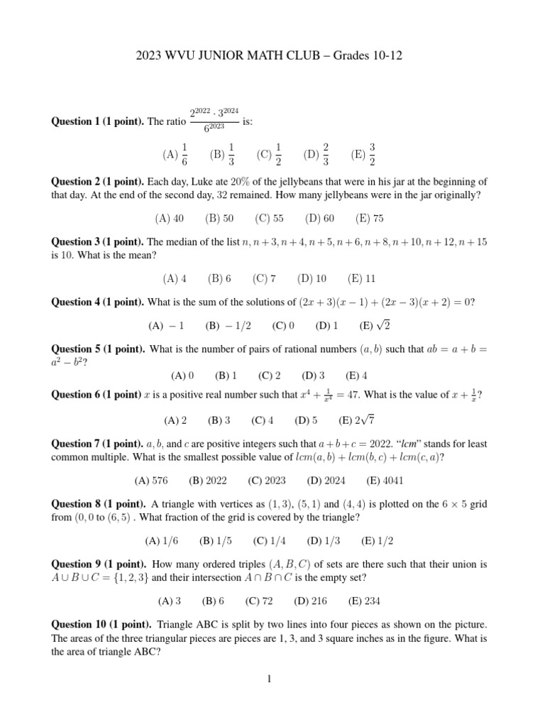 2023 WVU Junior Math Club Problems | PDF | Number Theory | Mathematics