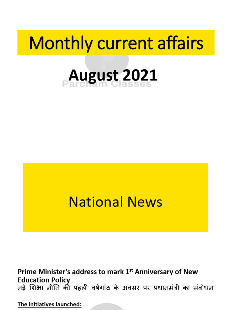 August 2021 Monthly Current Affairs Summary | PDF