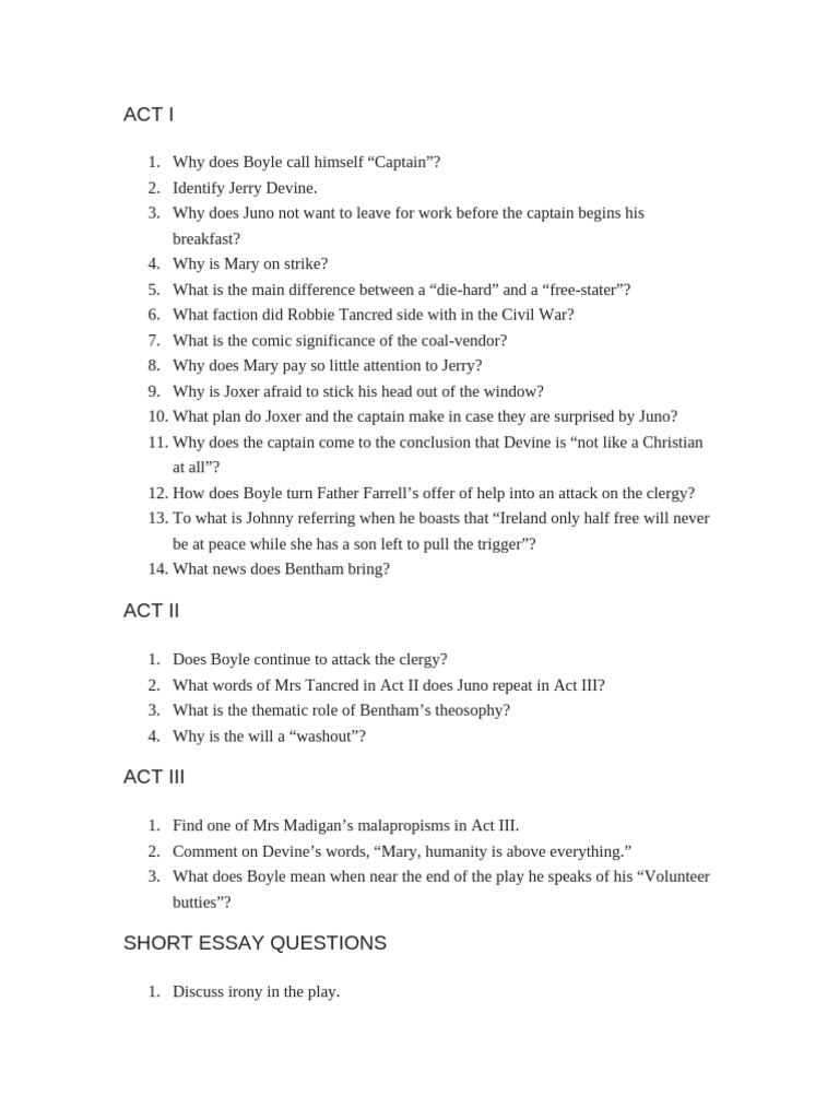 Juno and the Paycock Short Questions | PDF