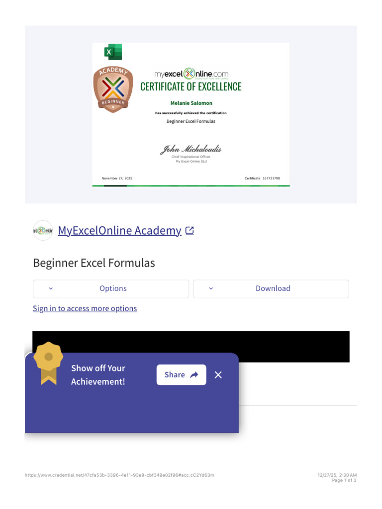 Beginner Excel Formulas Certificate | PDF | Computer Access Control ...