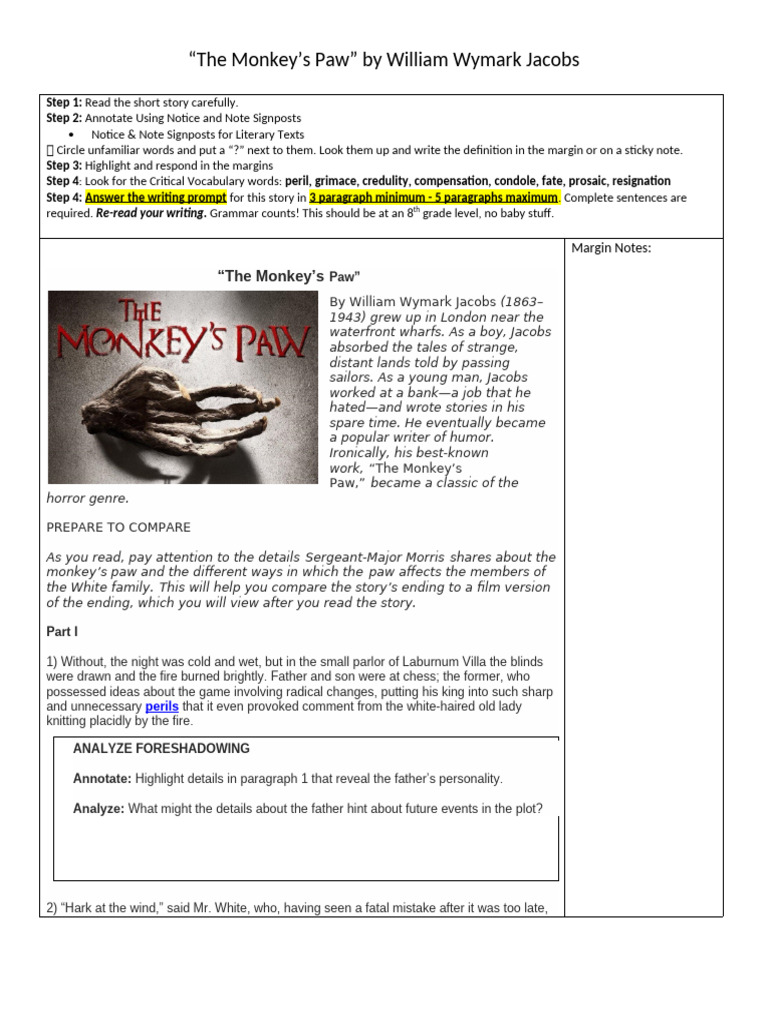 The Monkey's Paw Reading | PDF | Reading Comprehension