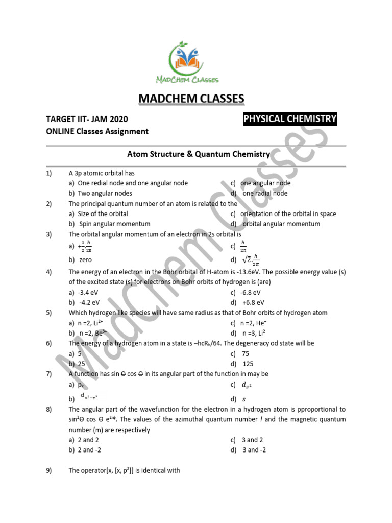 (CSIR&GATE)Assignment Atom Structure & Quantum Chemistry of CSIR & GATE ...