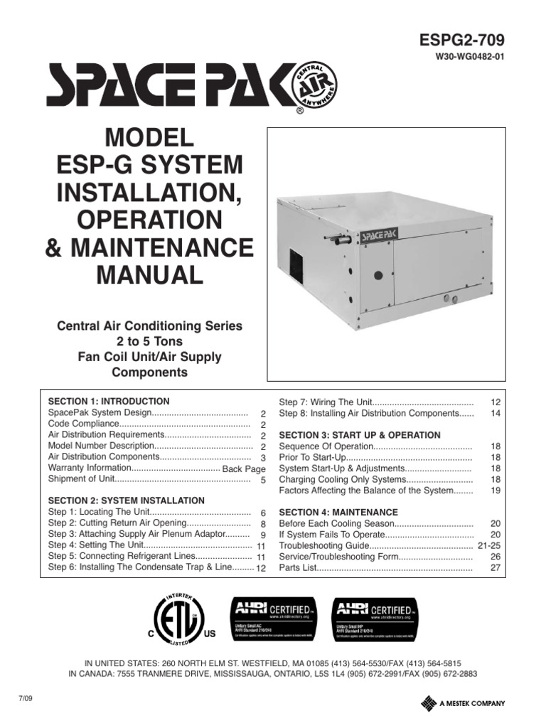 SpacePak ESP-G Installation Instructions | PDF | Duct (Flow) | Transformer