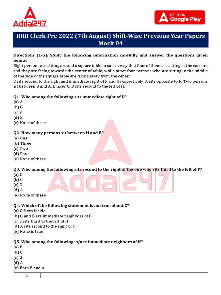 RRB Clerk Pre 2022 7th August Shift Wise Previous Year Papers... | PDF ...