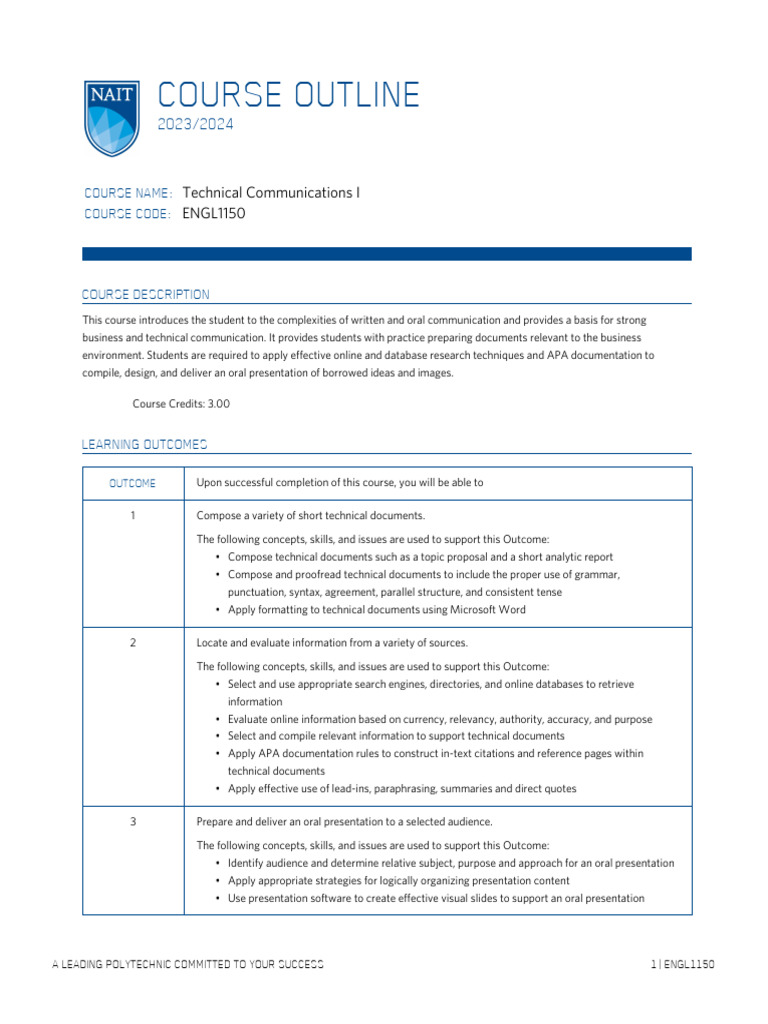 Course Outline ENGL1150 - 2023 | PDF | Technical Communication | Human ...