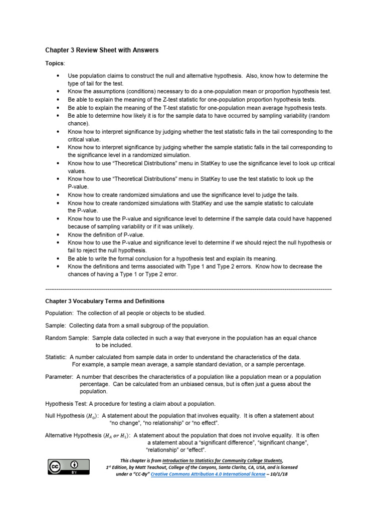 Ch3 Review Sheet With Answers Intro to Statistics for Community College ...