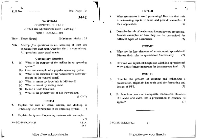 BSC 1 Sem Computer Science Office and Spreadsheet TL 3442 Dec 2024 | PDF
