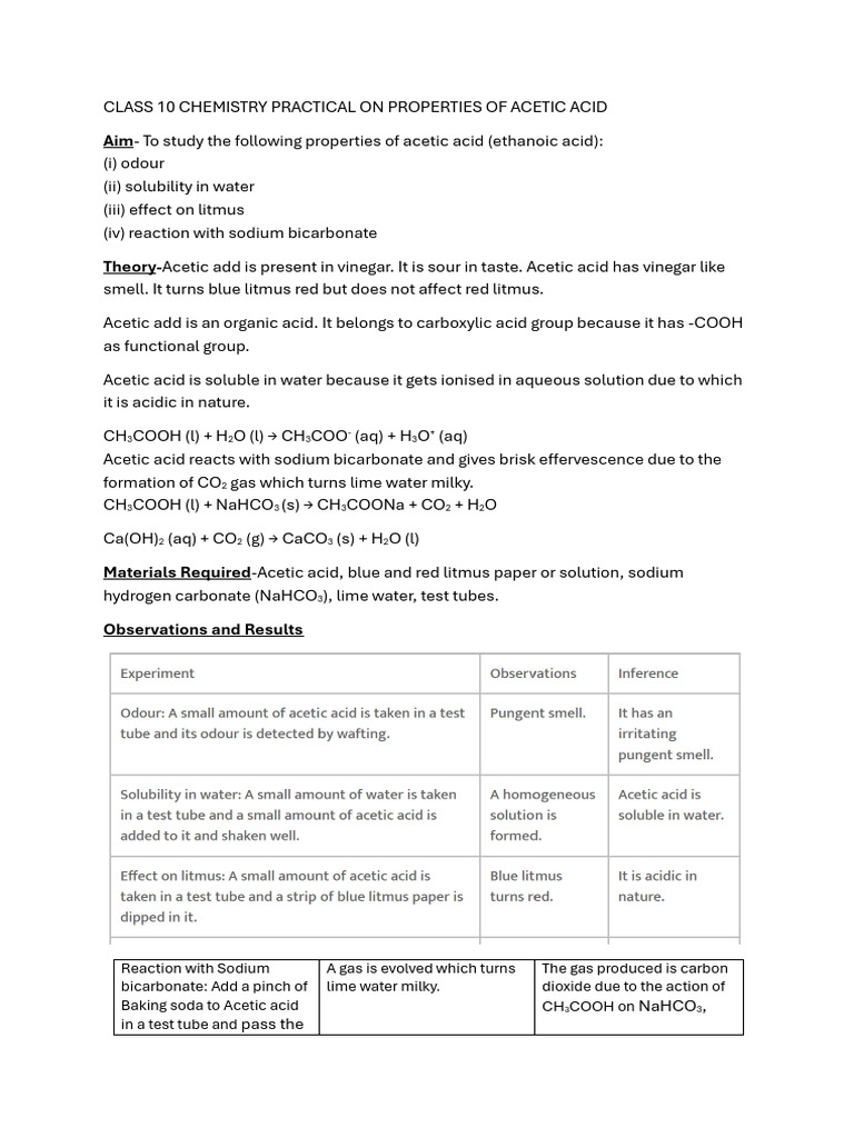 Class 10 Expt On Acetic Acid | PDF