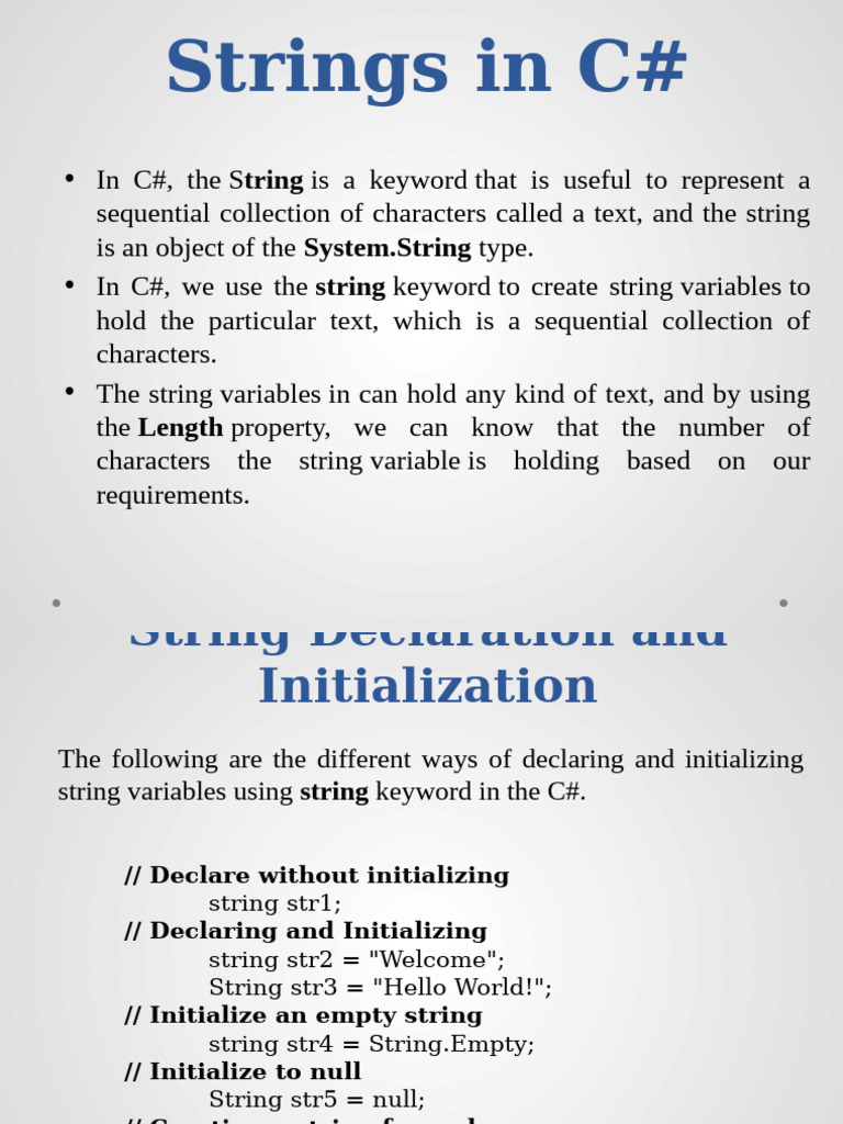 Strings in C# | PDF | C Sharp (Programming Language) | String (Computer Science)