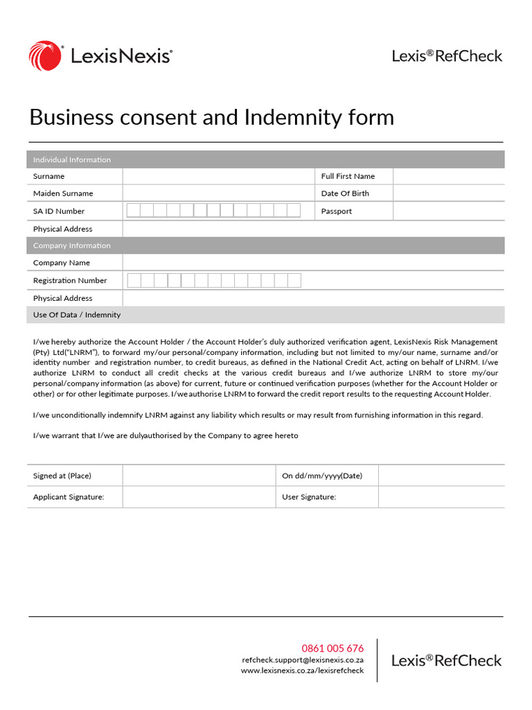Lexis RefCheck Business Consent Indemnity Form | PDF