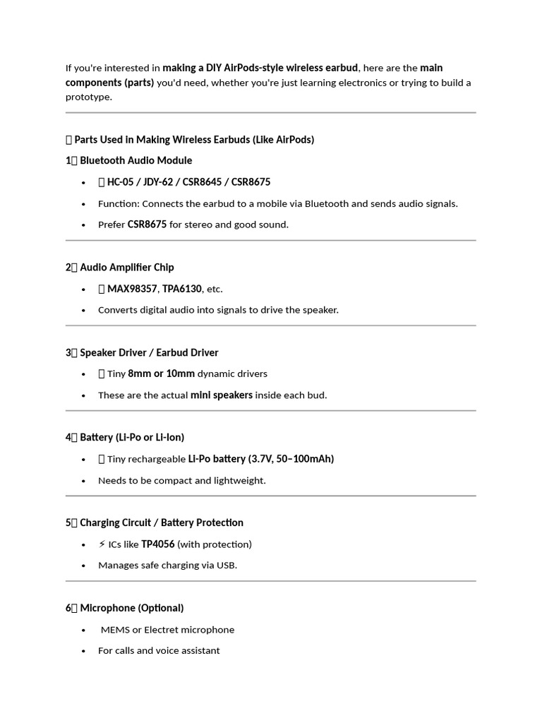 DIY Wireless Earbud Components Guide | PDF