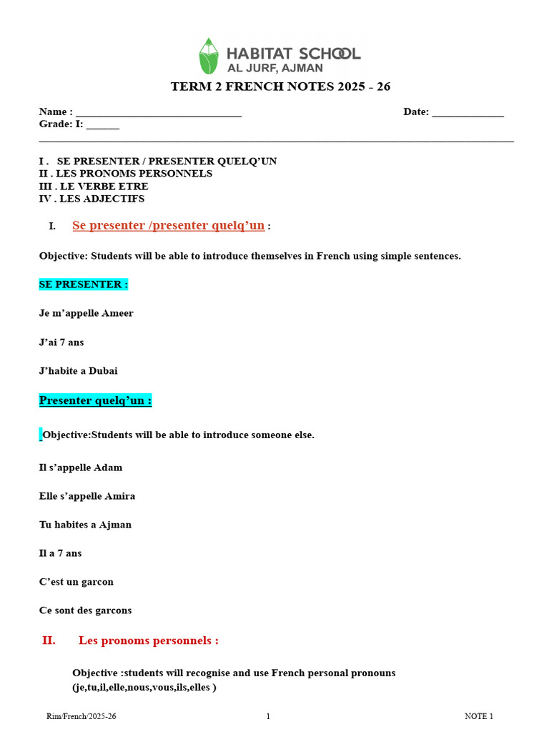 French Introduction Notes 2025-26 | PDF