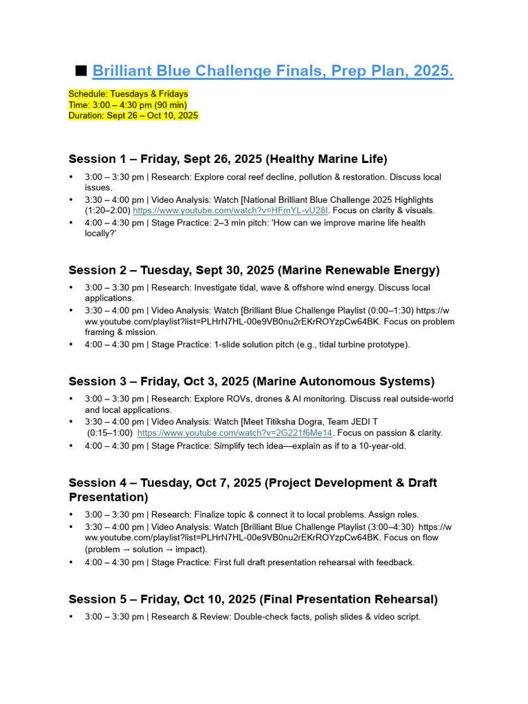 Brilliant Blue Challenge 2025 Prep Plan | PDF