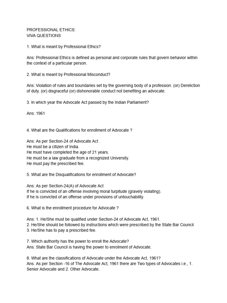 Professional Ethics VIVA Questions Guide | PDF | Advocate | Contempt Of ...