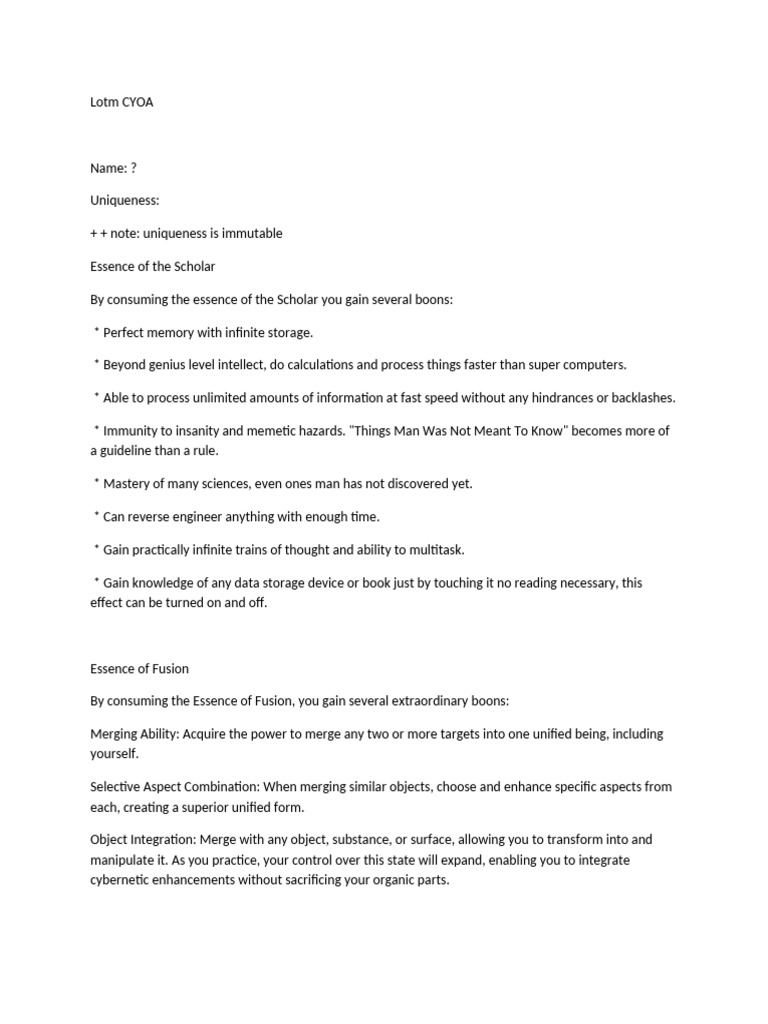 Lotm CYOA: Essence Powers Guide | PDF | Mind | Psychological Concepts