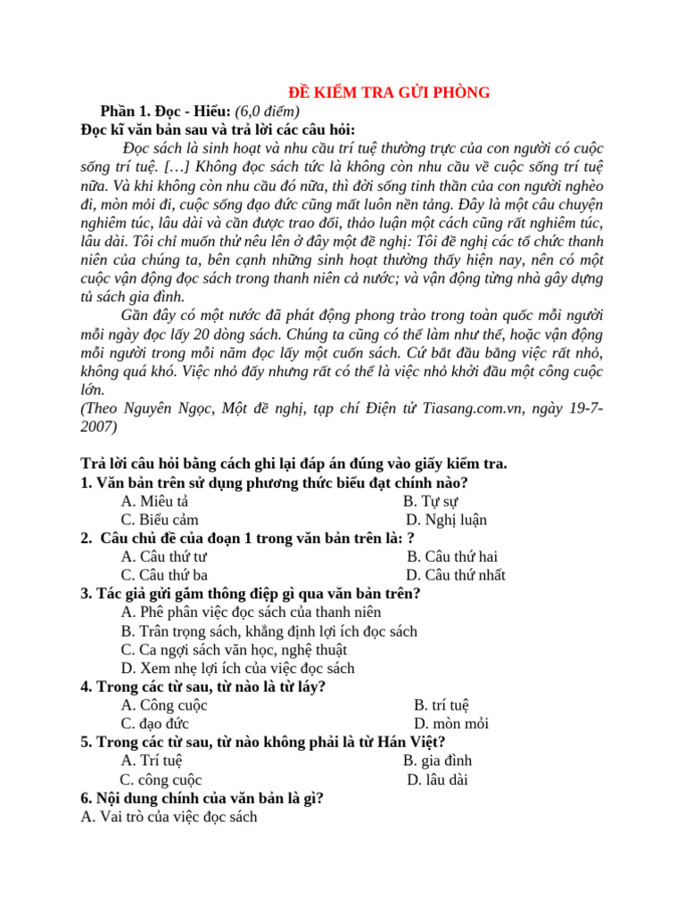 Đề Kiểm Tra Gửi Phòng | PDF