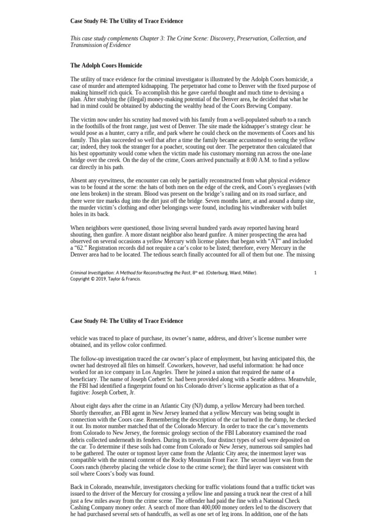 Trace Evidence in Coors Homicide Case Study | PDF | Forensic Science ...