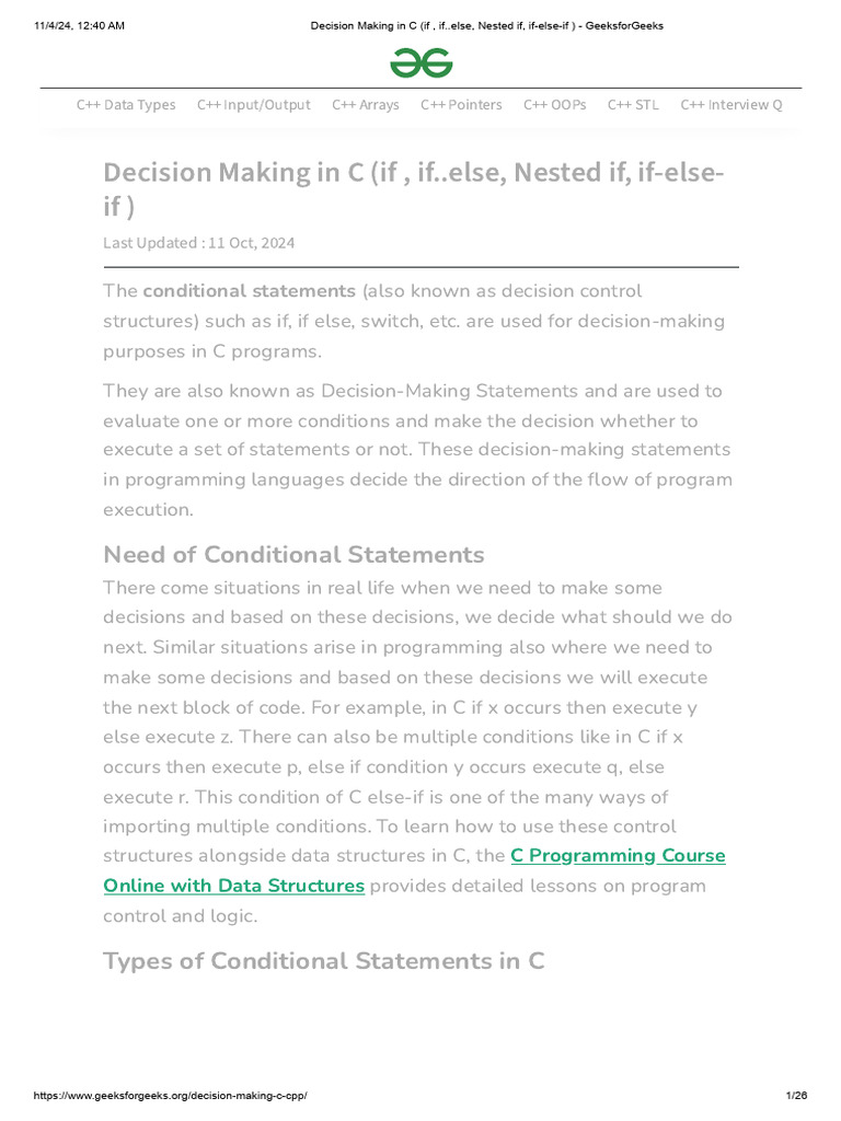 Decision Making in C (If, If..Else, Nested If, If-else-If) - GeeksforGeeks | PDF | Control Flow ...