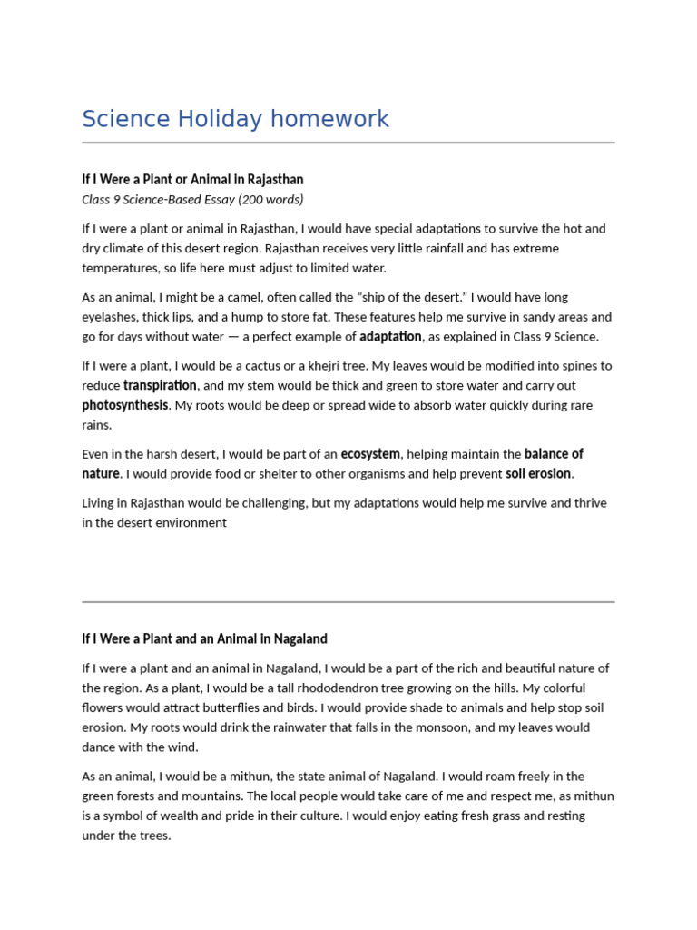 Science Holiday Homework | PDF