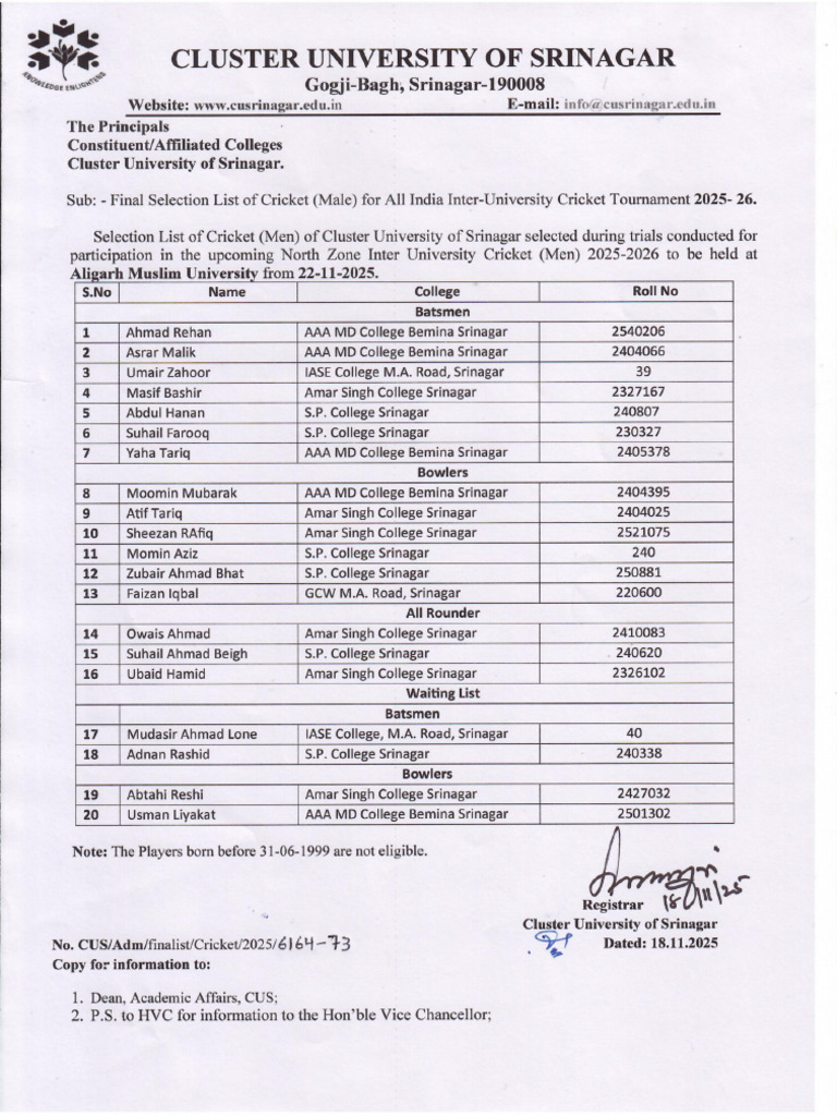 Final Selection of Cricket 2025 | PDF
