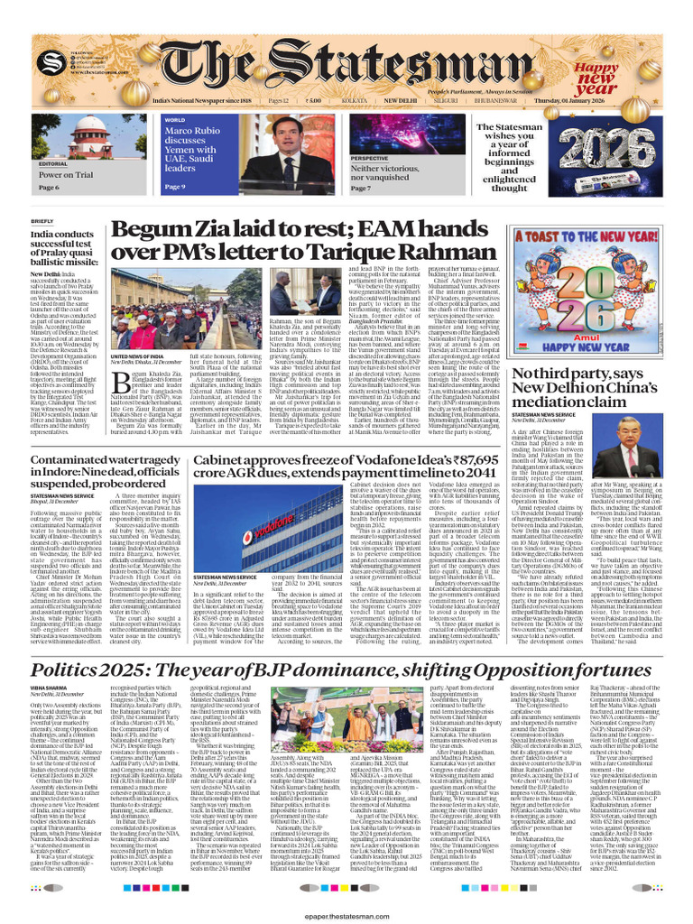 The Statesman 01 01 2026 | PDF | Politics Of India