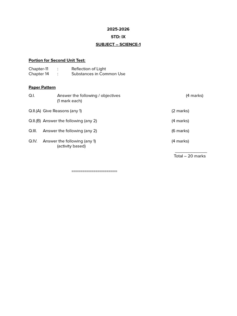 STD - Ix Portion - Paper Pattern For 2nd Unit Test 2025-26 | PDF