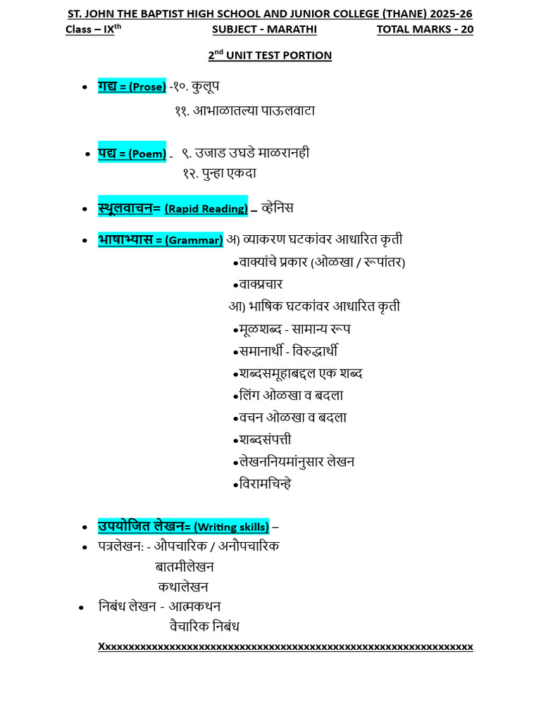 9th Marathi 2nd Unit Test Portion and Paper Pattern-4 | PDF